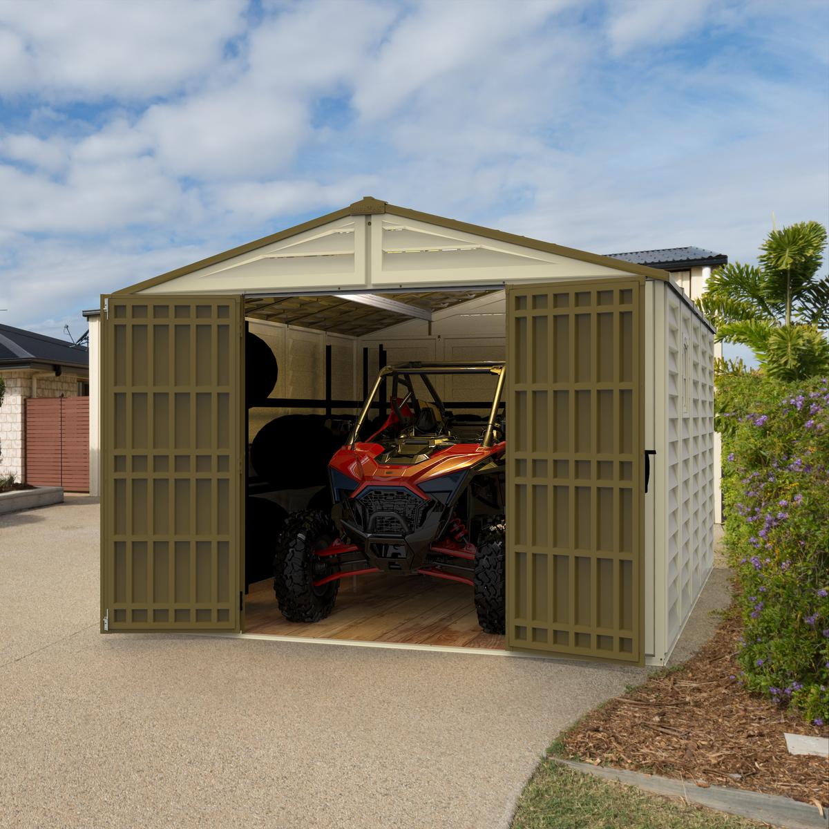 DuraMax 10.5ft x 13ft Woodbridge Plus Vinyl Shed w/ Foundation Kit & W ...